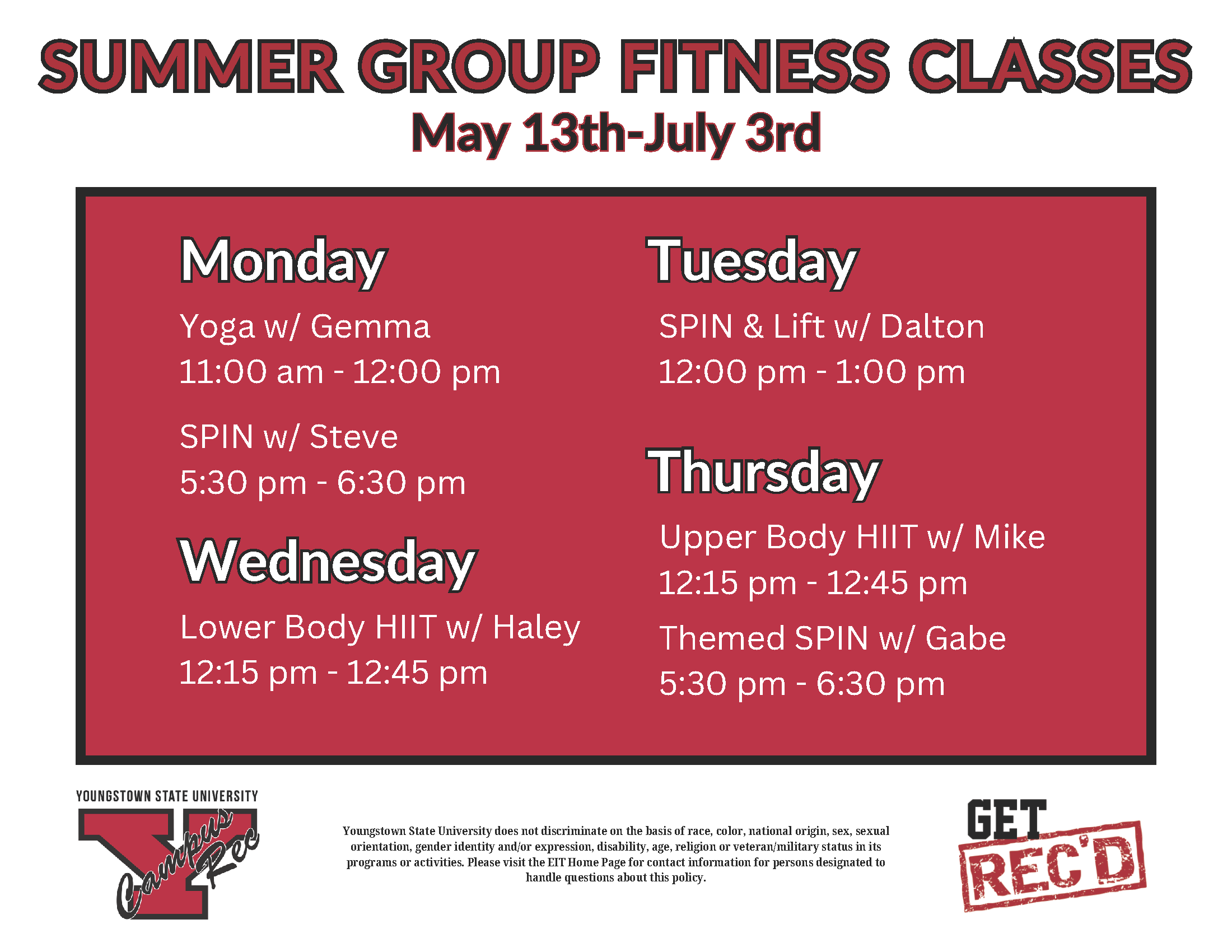 Group Fitness Schedule | YSU